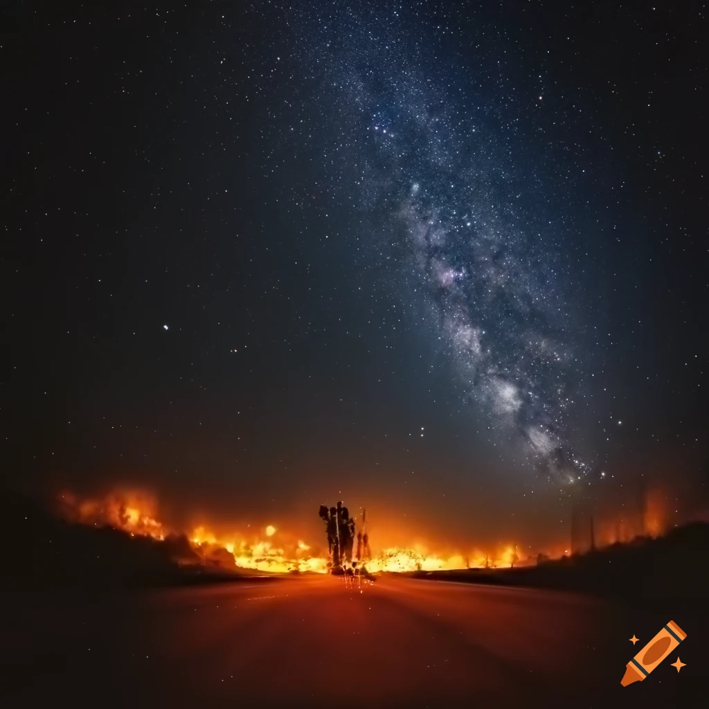 Photograph of a burning city at night with milky way on Craiyon