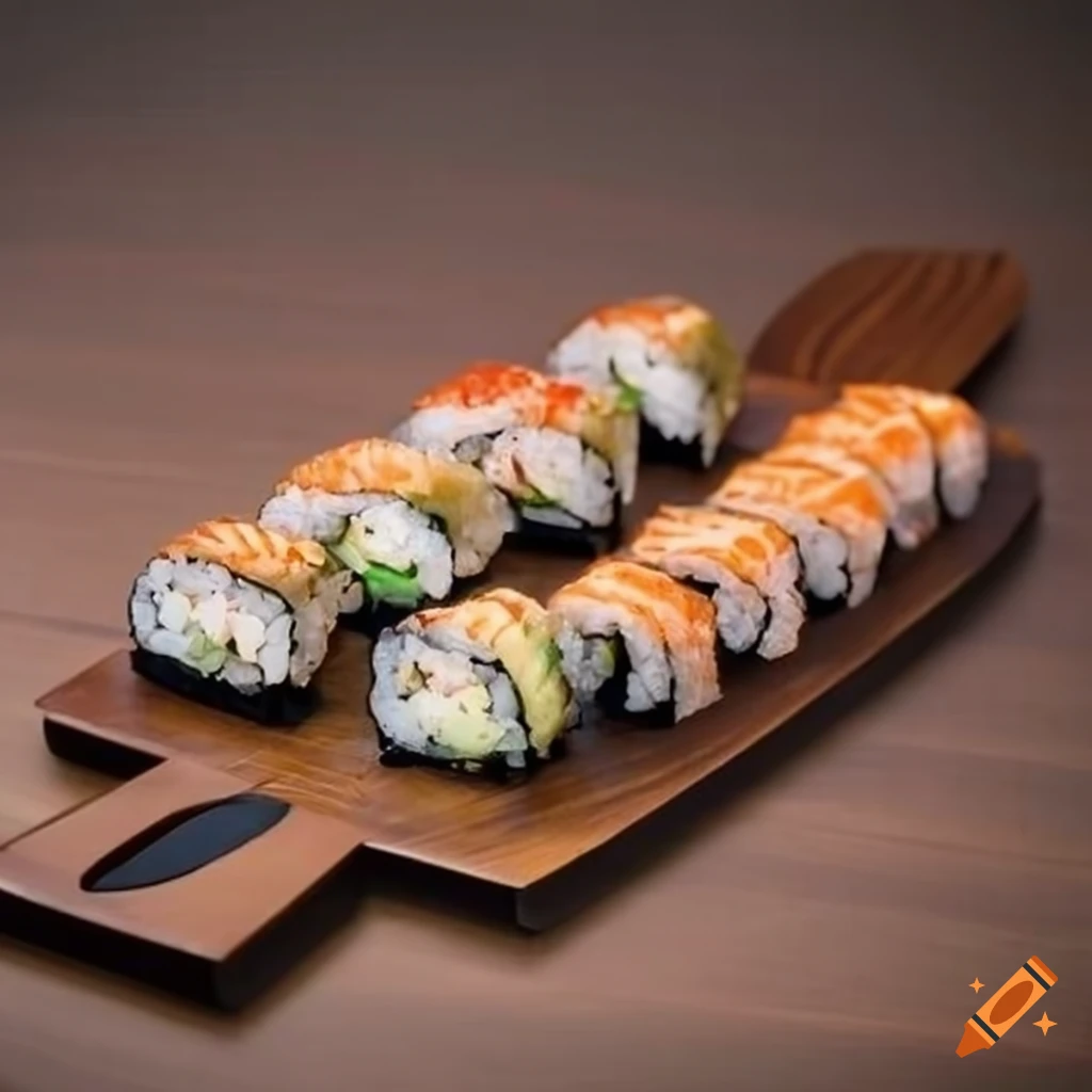 Sushi spread on a teak wood table on Craiyon