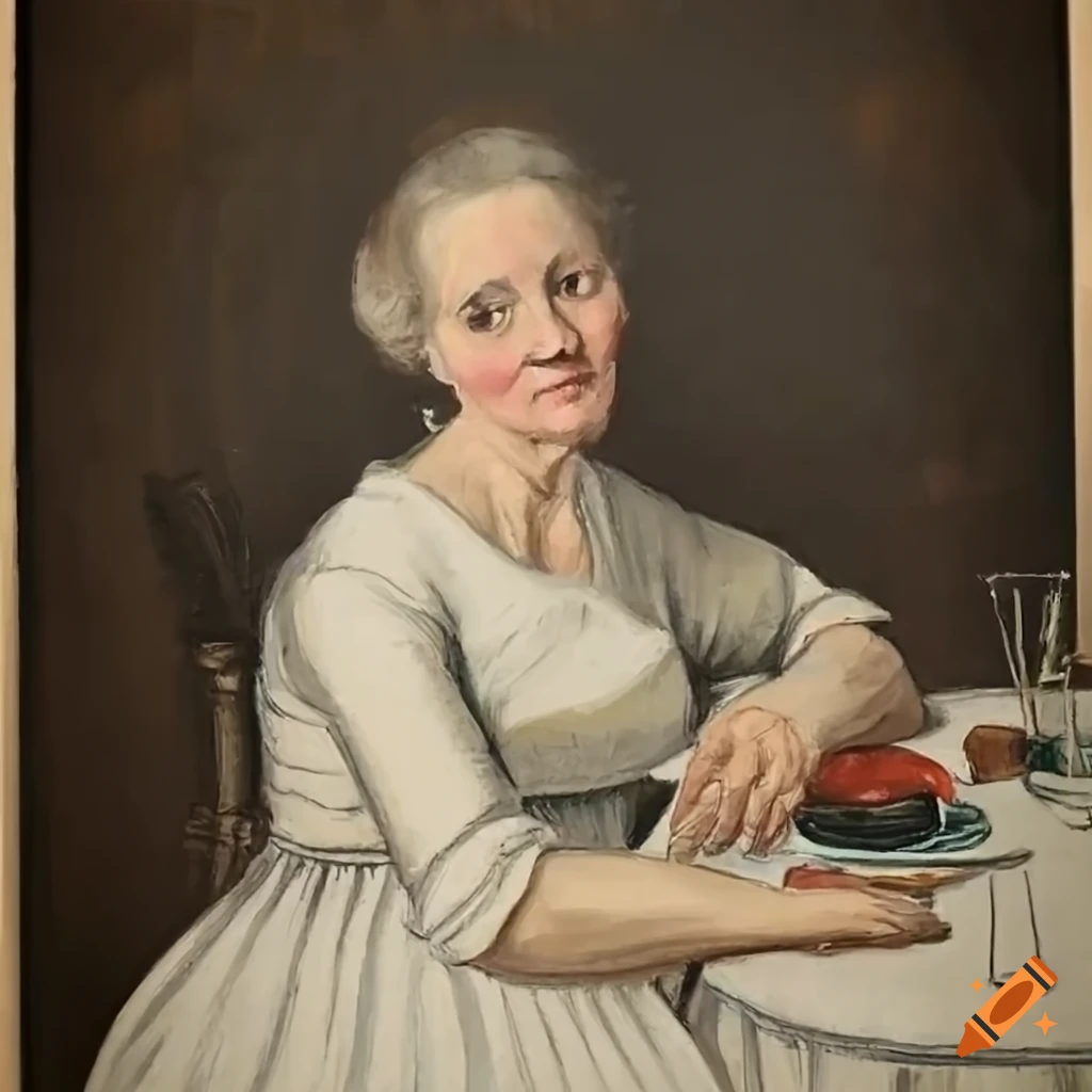Dark and dimly lit painting of a woman at a dinner table on Craiyon