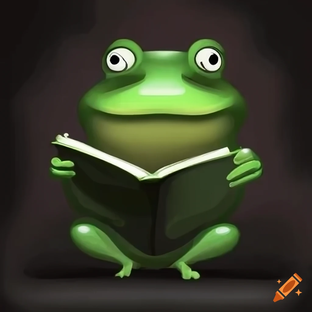 Cartoon frog reading a spooky book
