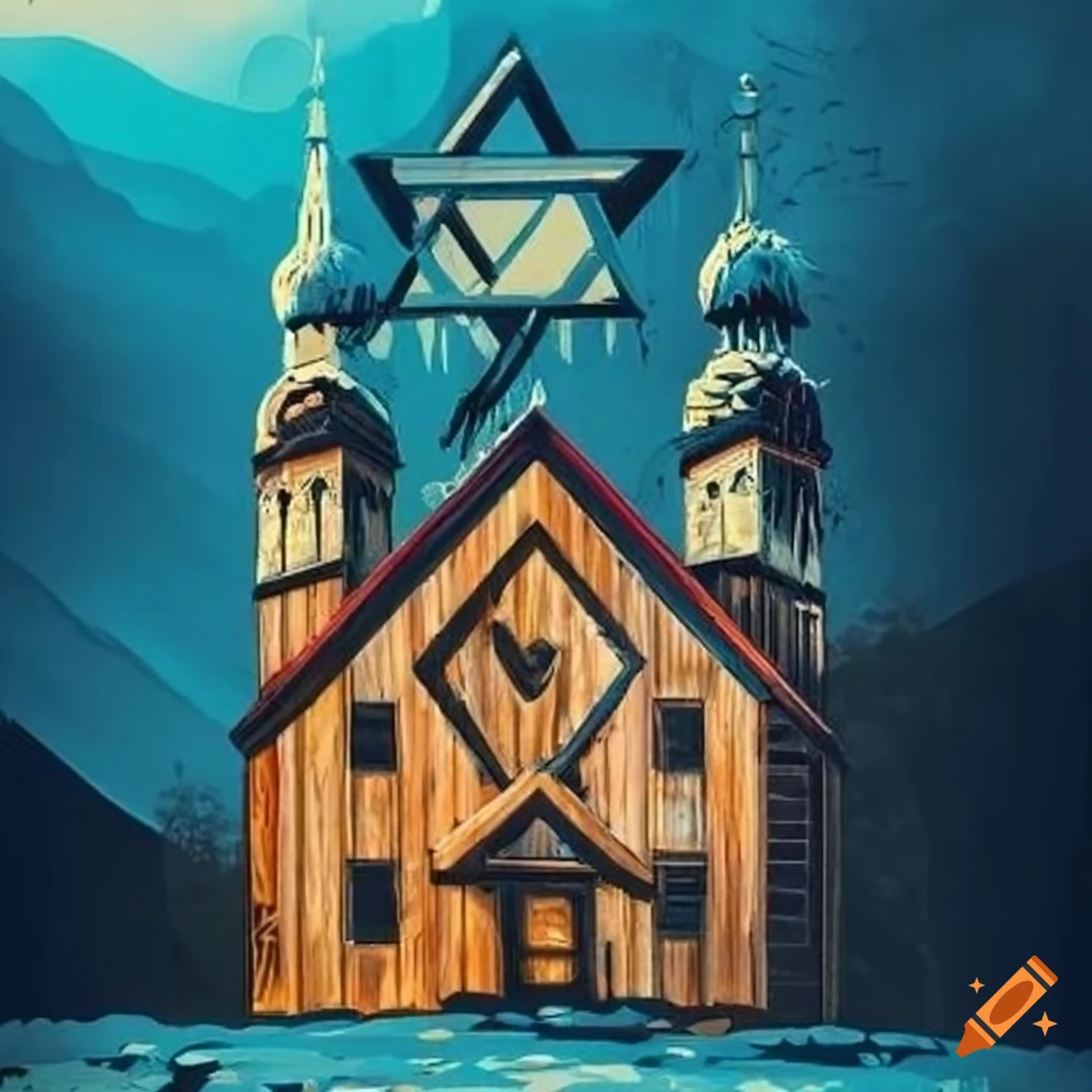 Wooden synagogue with David star in Norwegian fjord landscape on Craiyon