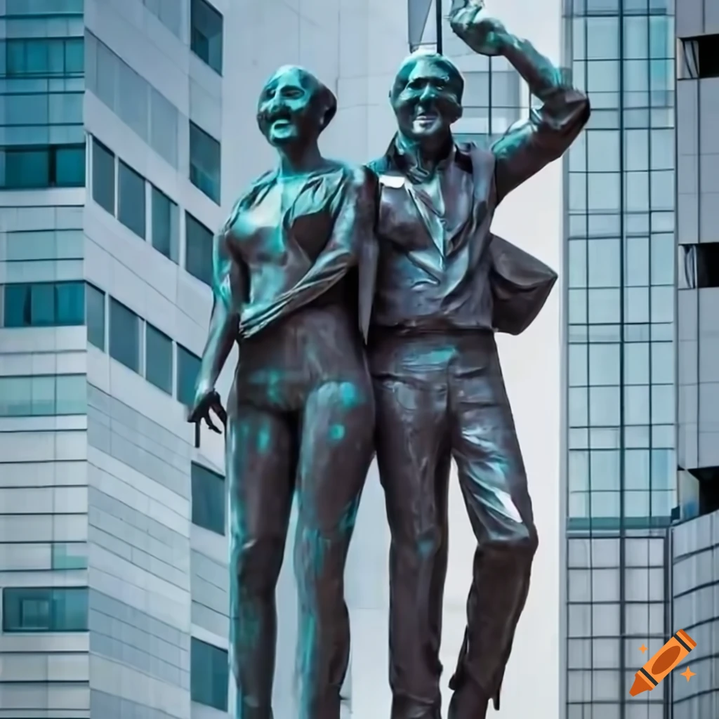 Sculpture of security officers in front of an office building
