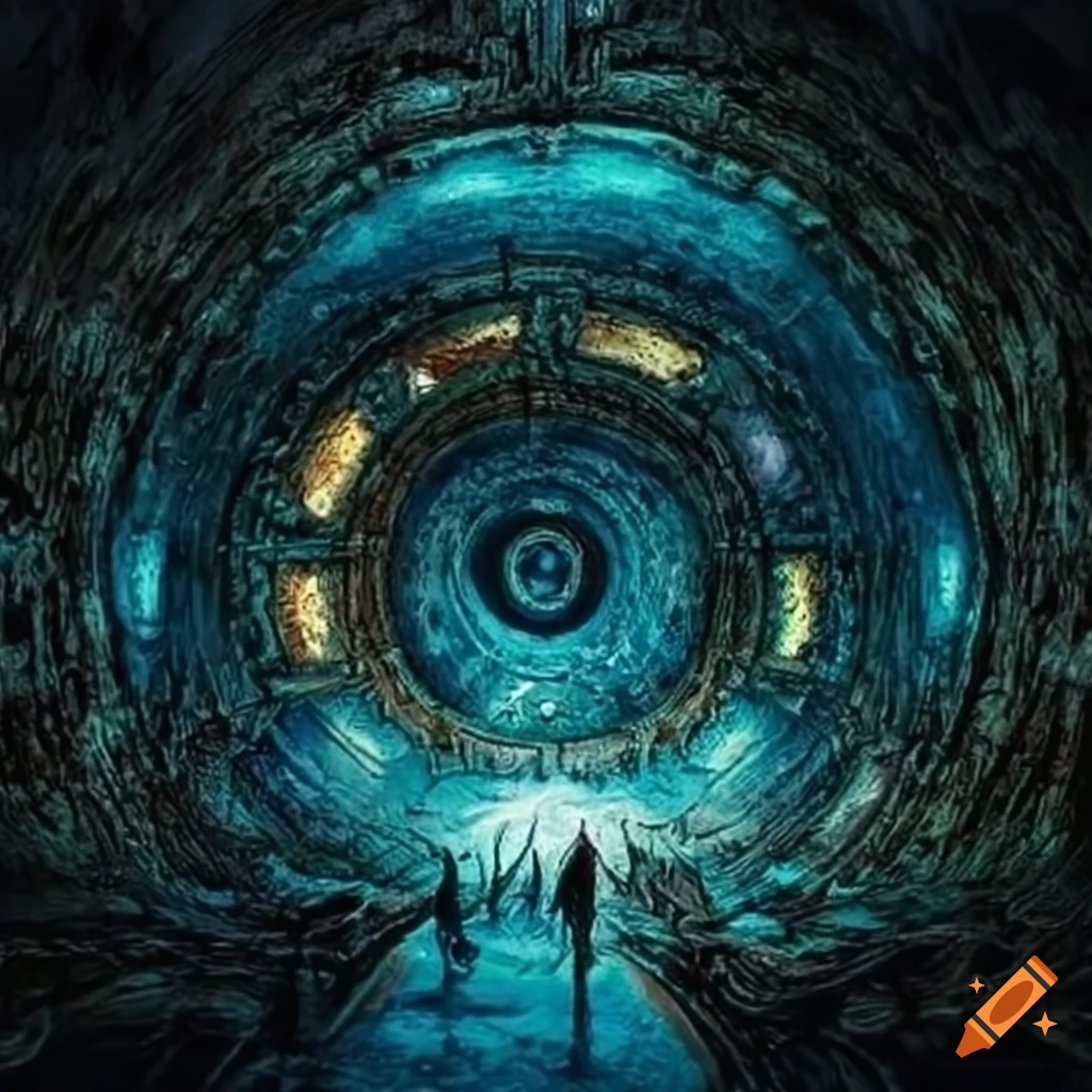 Painting of an intricate eternity engine in a gloomy cavern on Craiyon