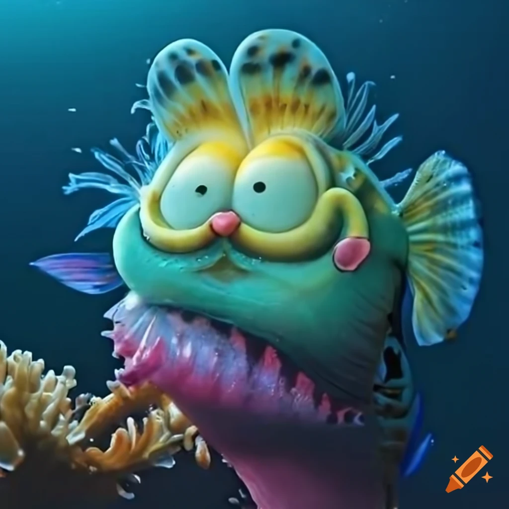 Cartoon fish resembling garfield in the deep sea on Craiyon
