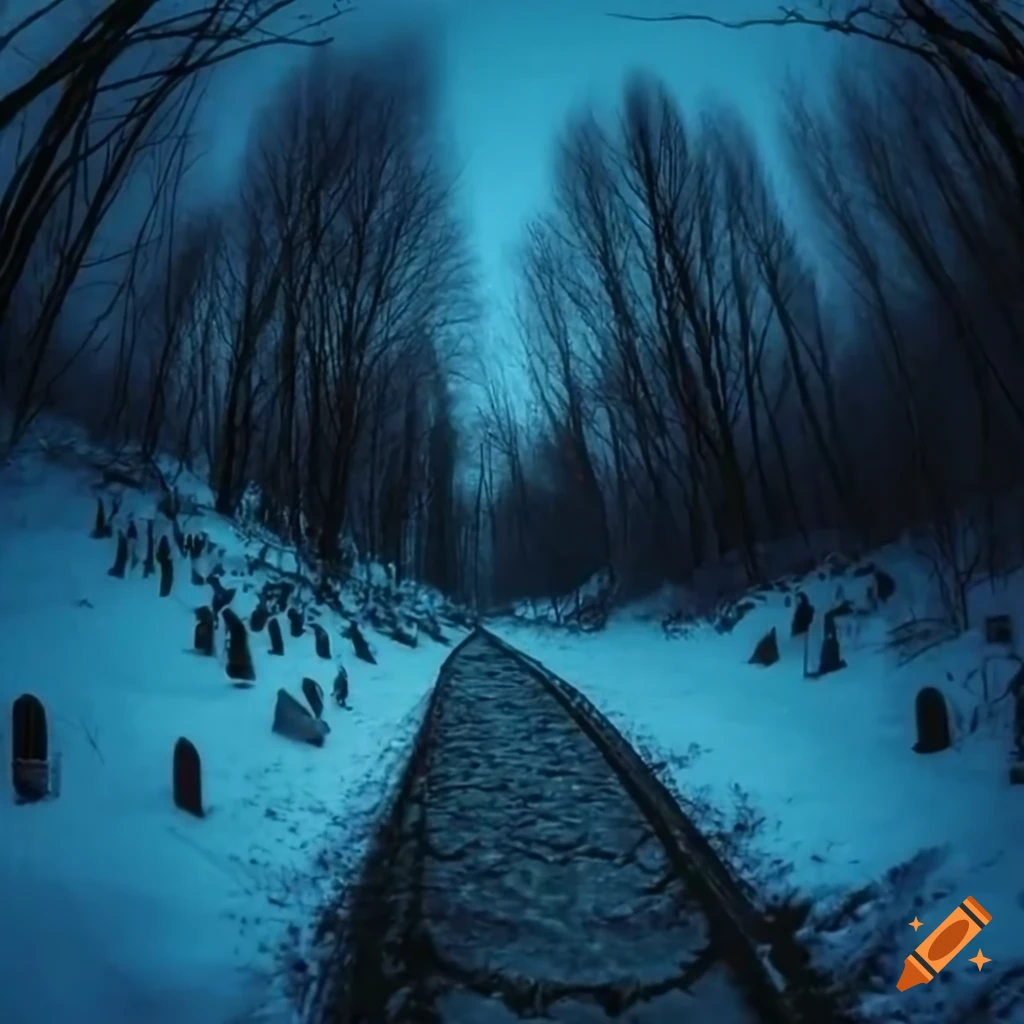 Night scene at a snowy cemetery on Craiyon