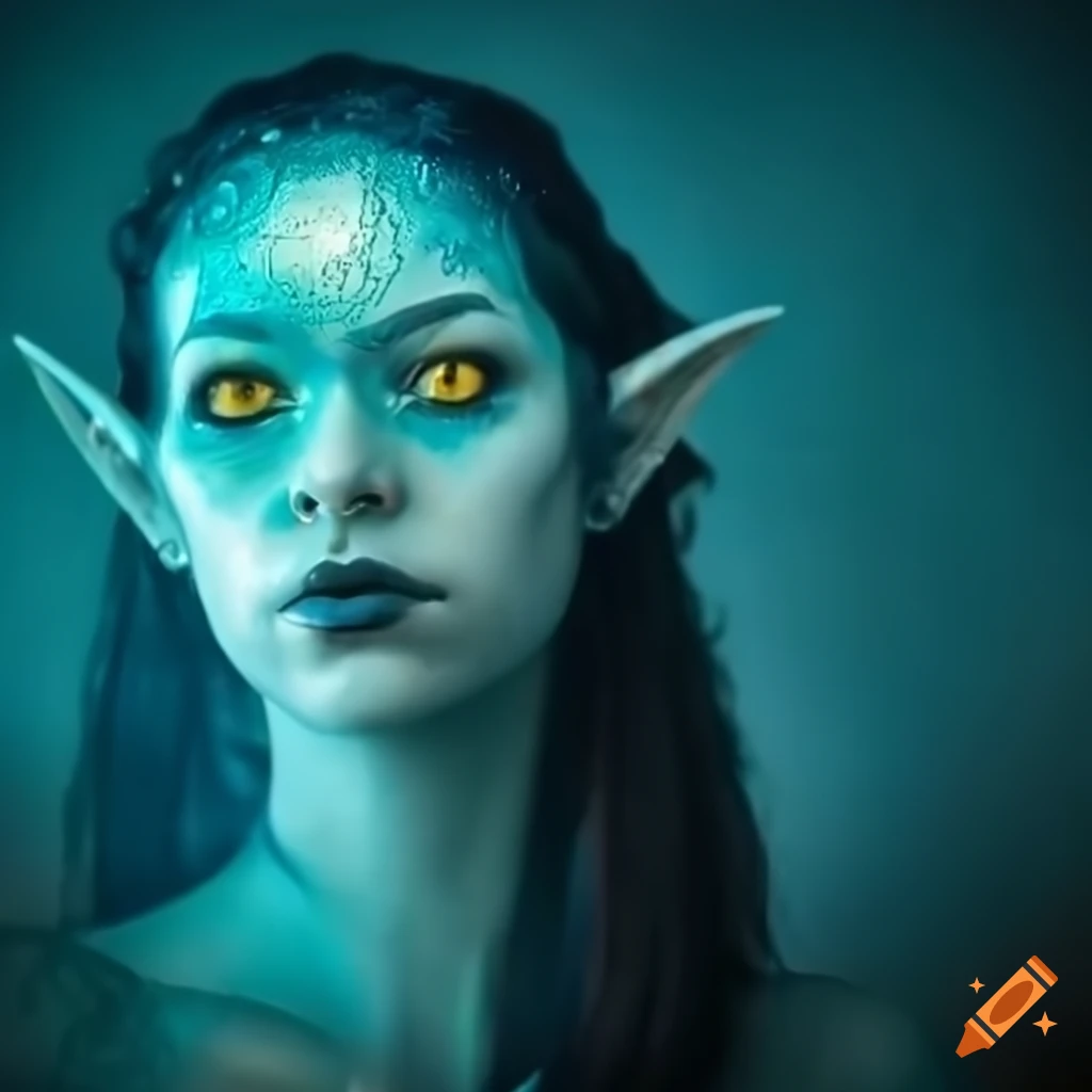 Female sea elf with blue-green skin and long black hair on Craiyon
