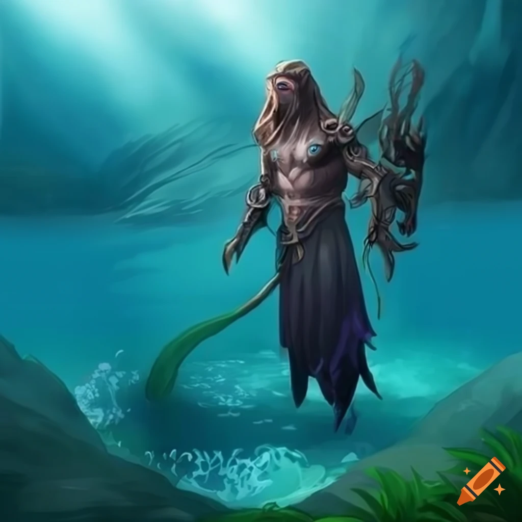 Aquatic fantasy character standing in a river