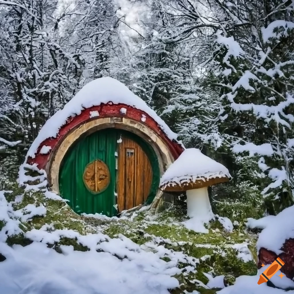 Close-up of a snowy mushroom fairy hobbit house on Craiyon