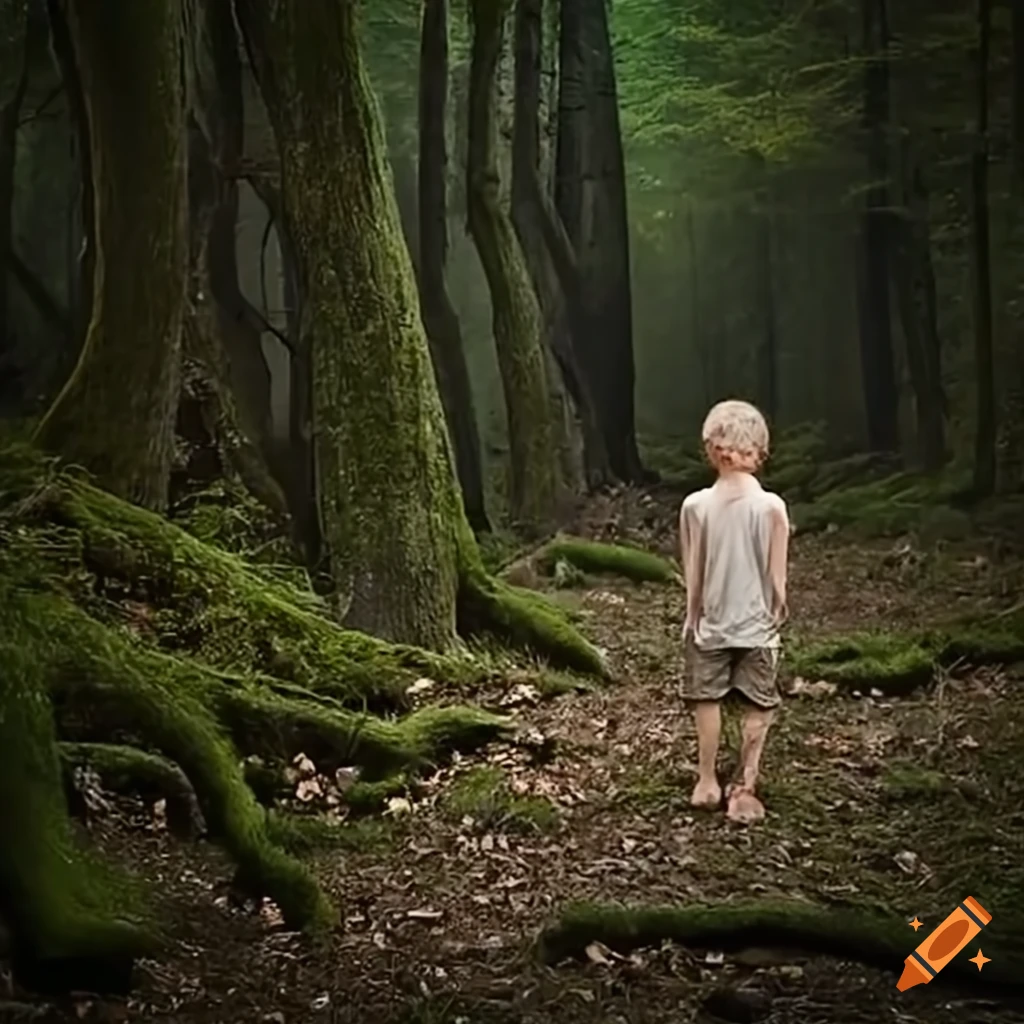 Image of a lost boy in a mysterious forest on Craiyon