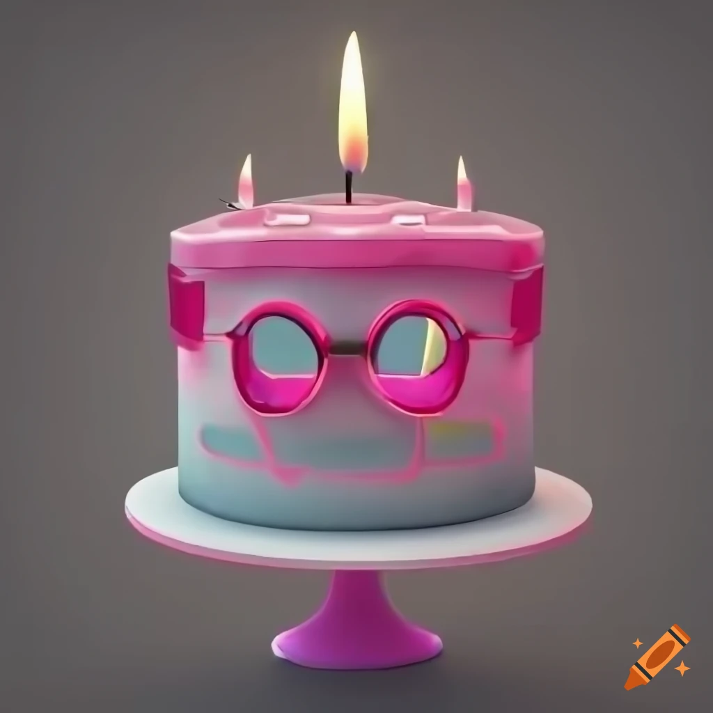 Cute 3d rendered cyber cake with pink sunglasses and candle flames