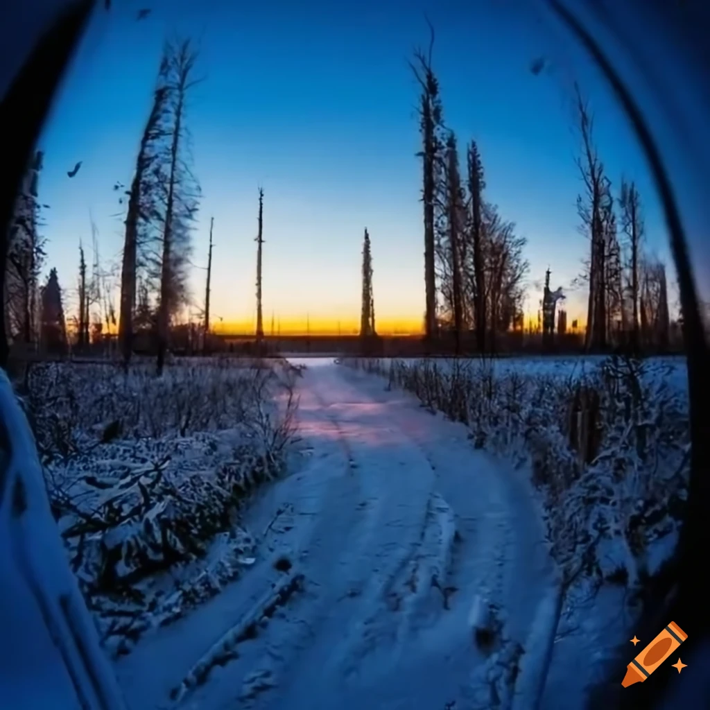 Sunset at a snowy cemetery