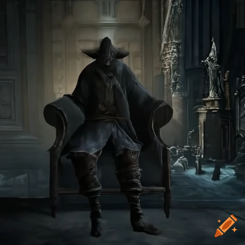 Dark art of a bloodborne hunter sitting in an armchair