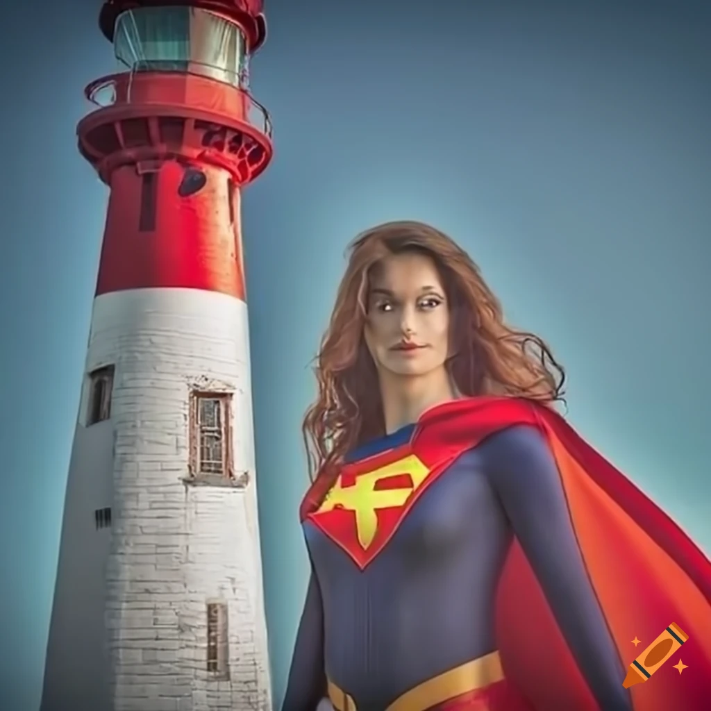 Woman superhero standing in front of a lighthouse