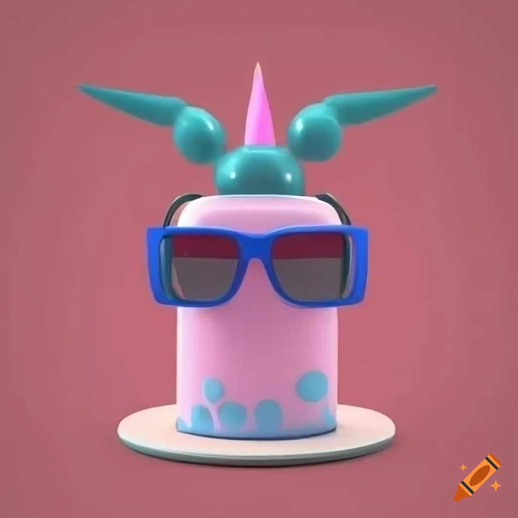 3D render of a cute character cake with pink sunglasses on Craiyon