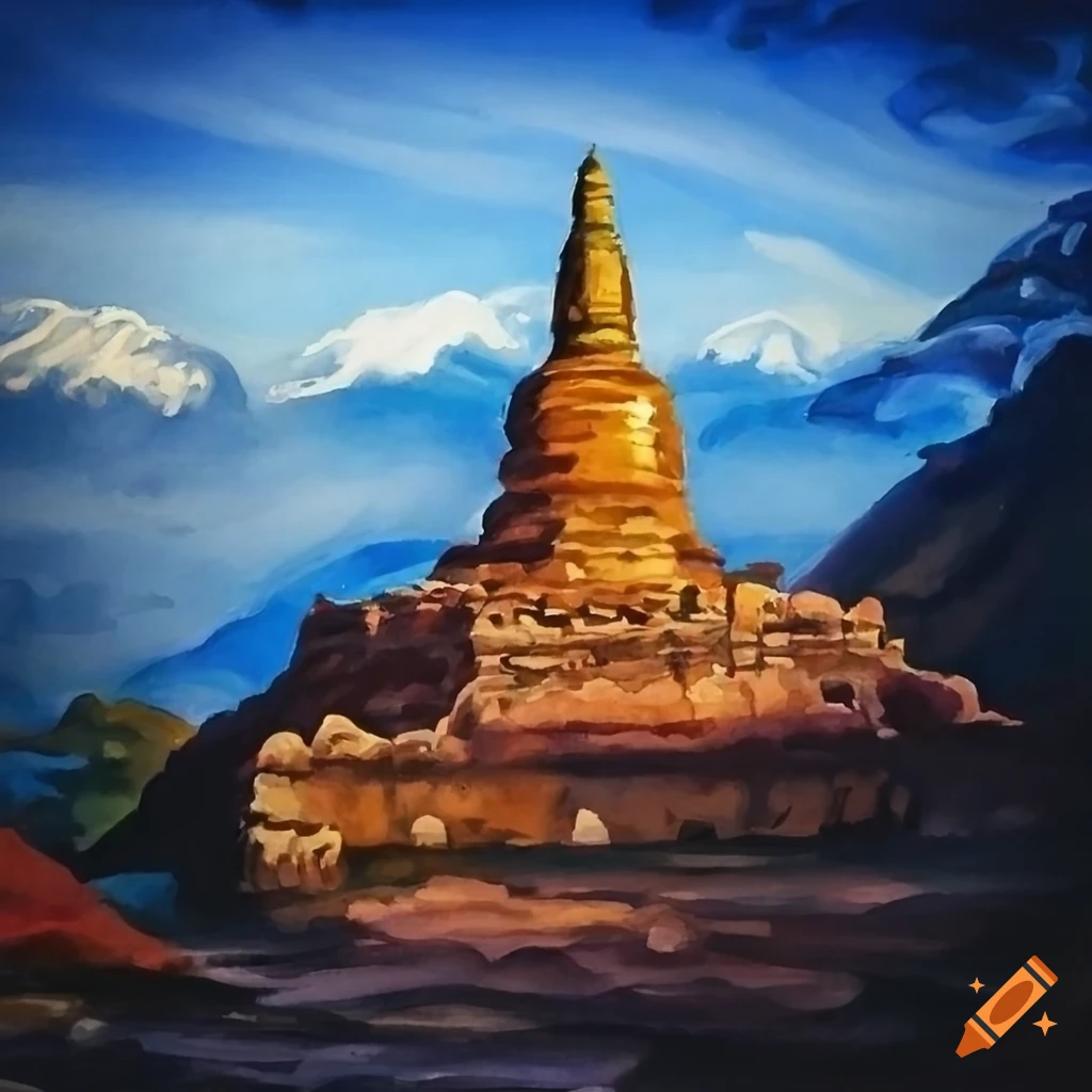 Watercolor painting of a vibrant Kushan style vihara with snow-capped ...