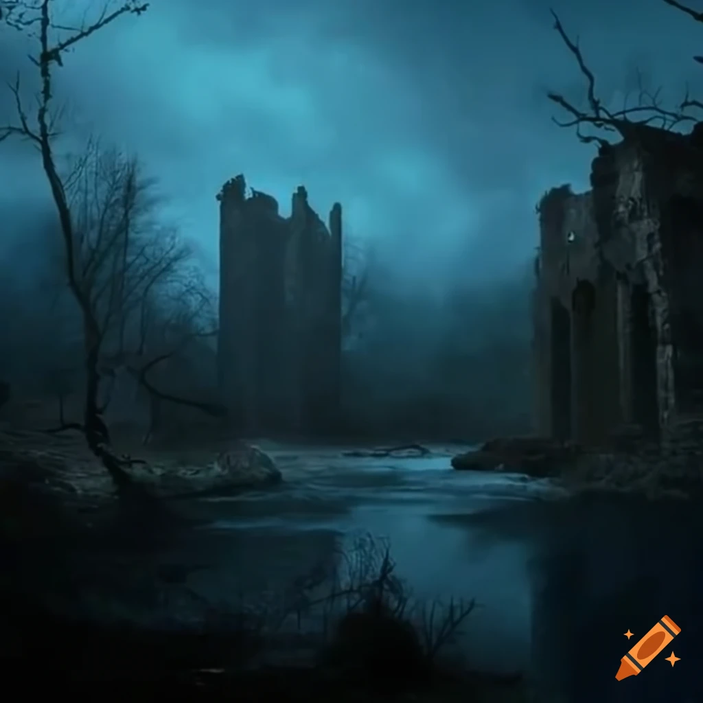 Ruins of a medieval keep on a stormy night on Craiyon