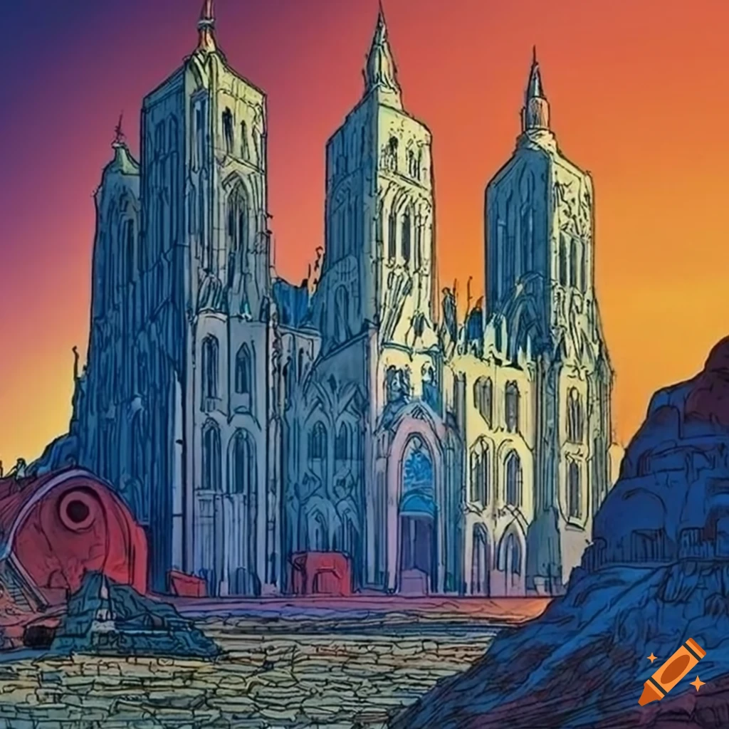 Moebius style artwork of a cathedral on Craiyon