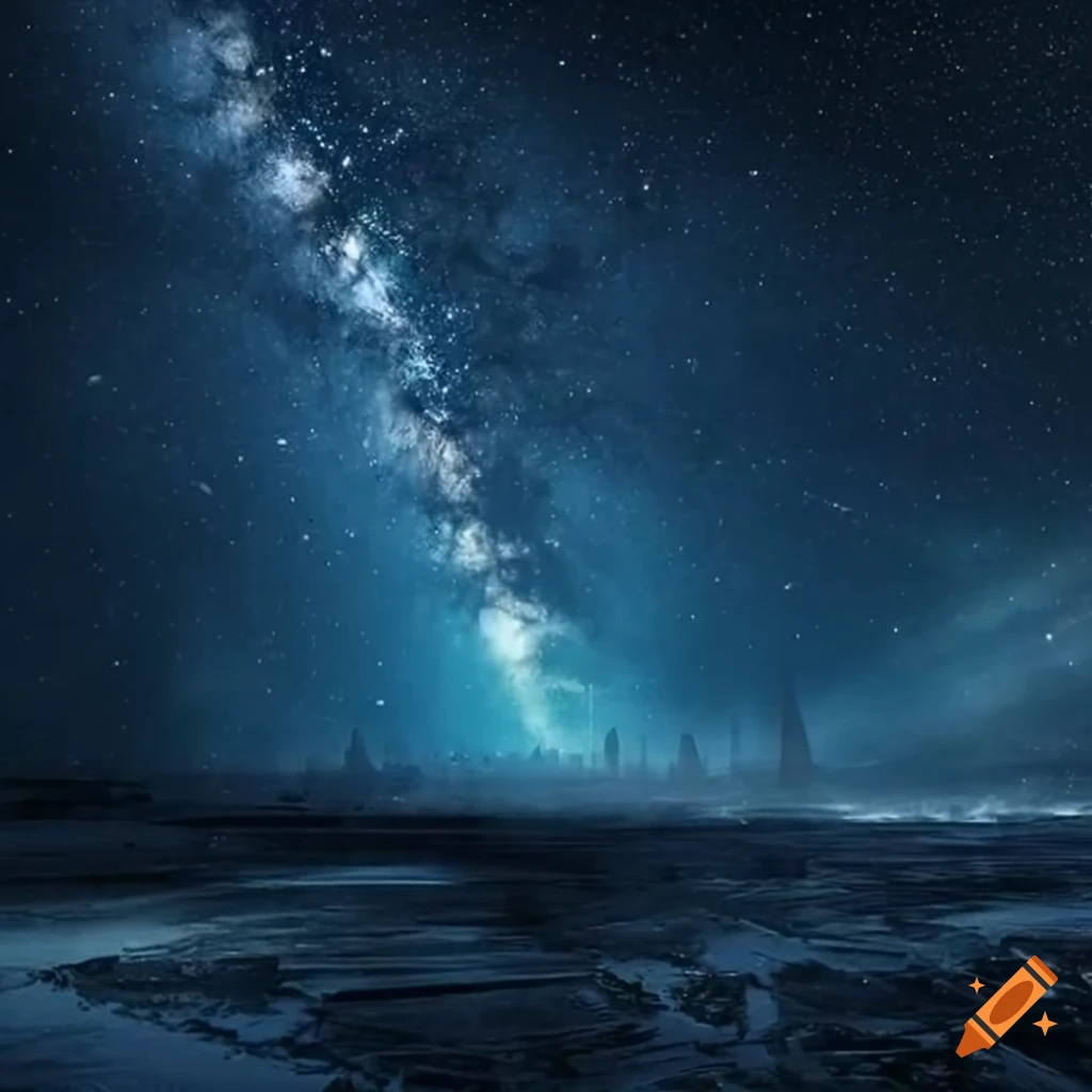 Starry night sky over dark futuristic city on a frozen planet on Craiyon