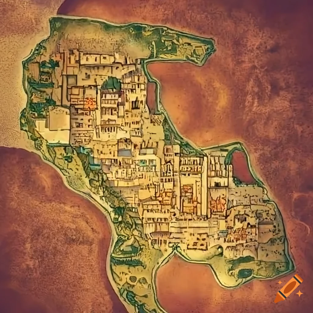 Detailed map of a medieval city with stone walls