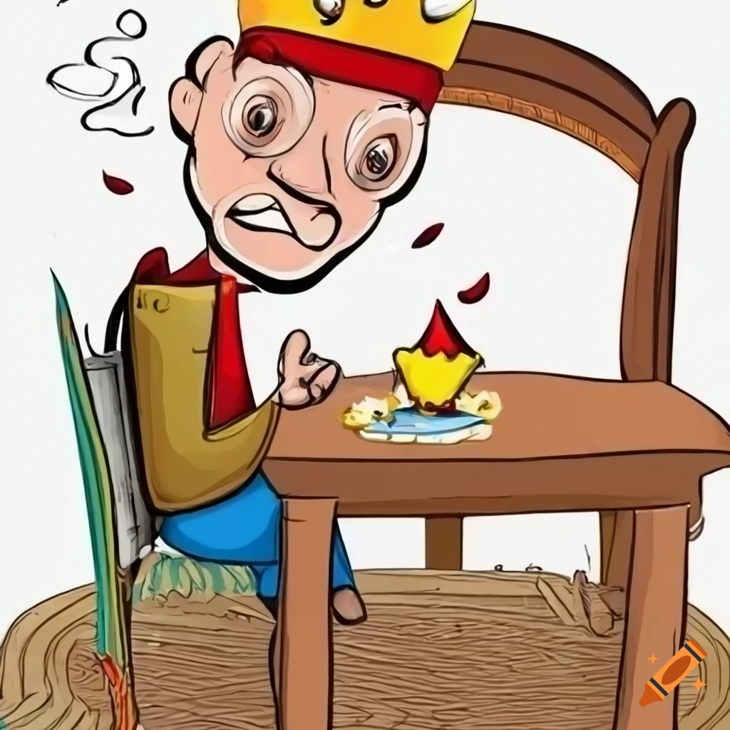 Humorous illustration of a king on a tiny table on Craiyon