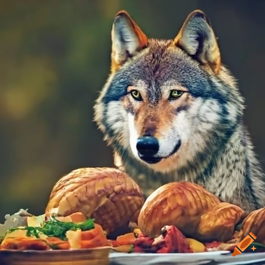 Wolf enjoying thanksgiving meal on Craiyon