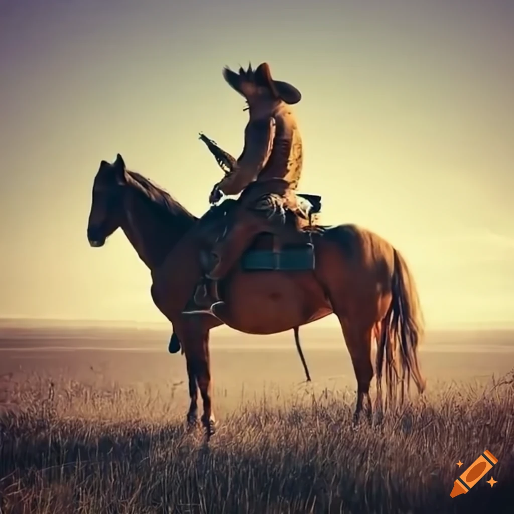 Cowboy riding a horse across the open plains on Craiyon