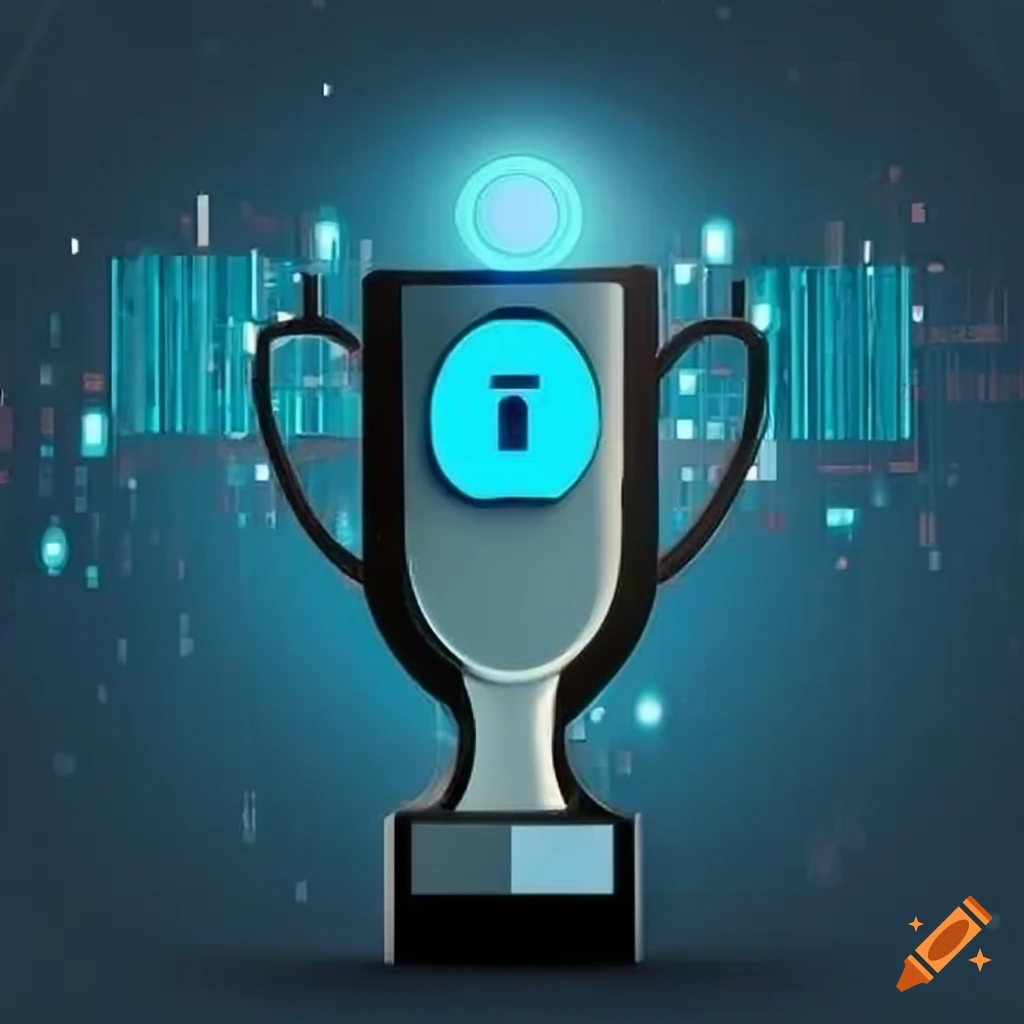 Cybersecurity award trophy with digital and security elements on Craiyon