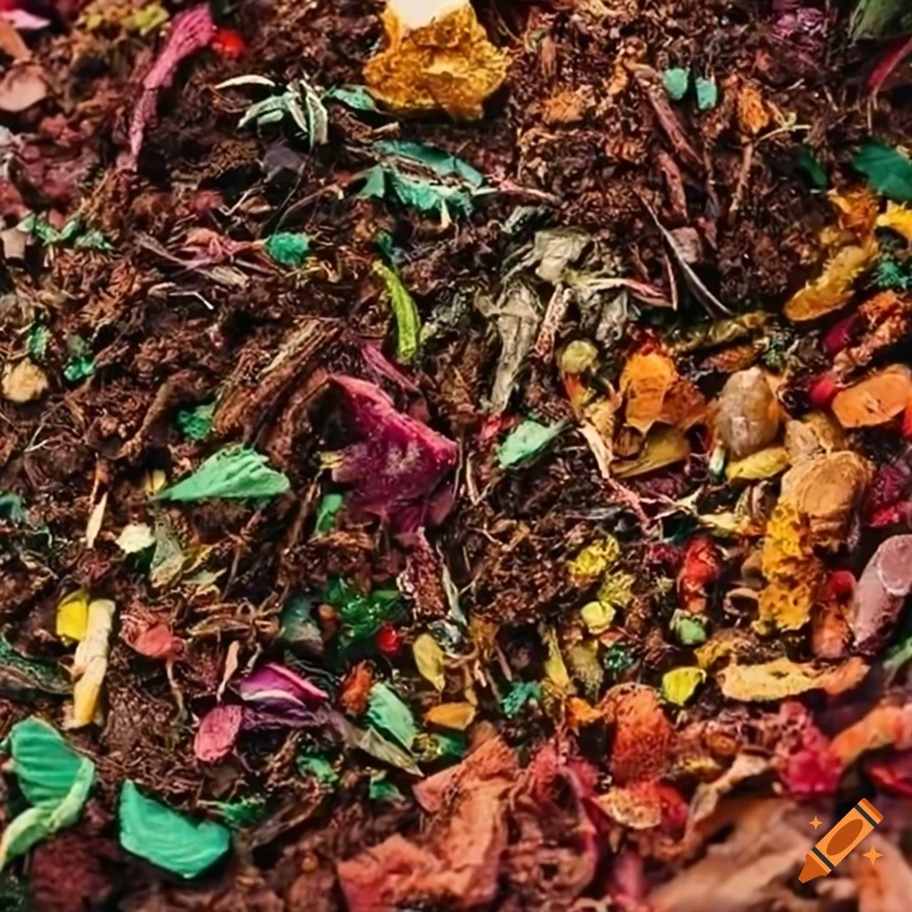 Close up of a compost pile surrounded by green plants on Craiyon