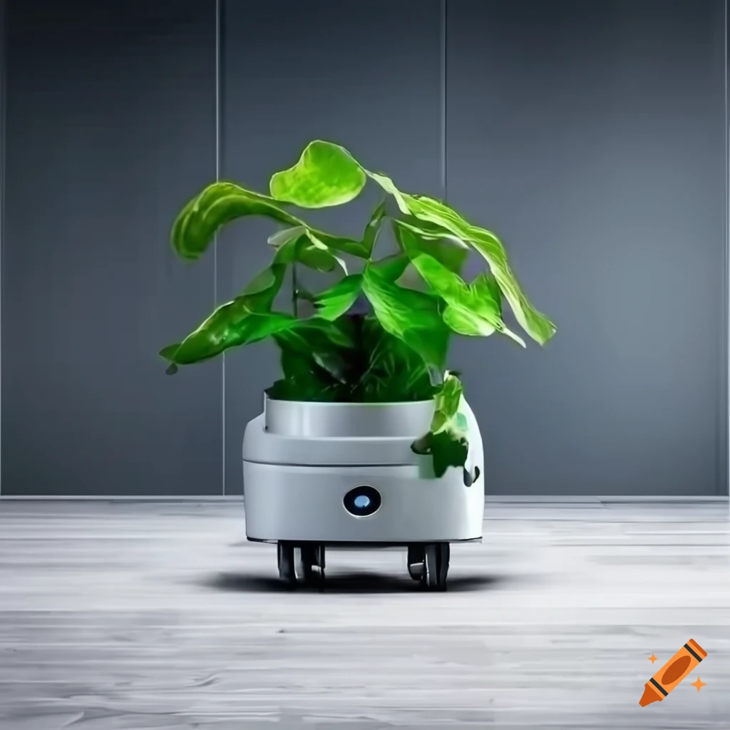 Photograph of a robotic plant pot with wheels in a modern space on Craiyon