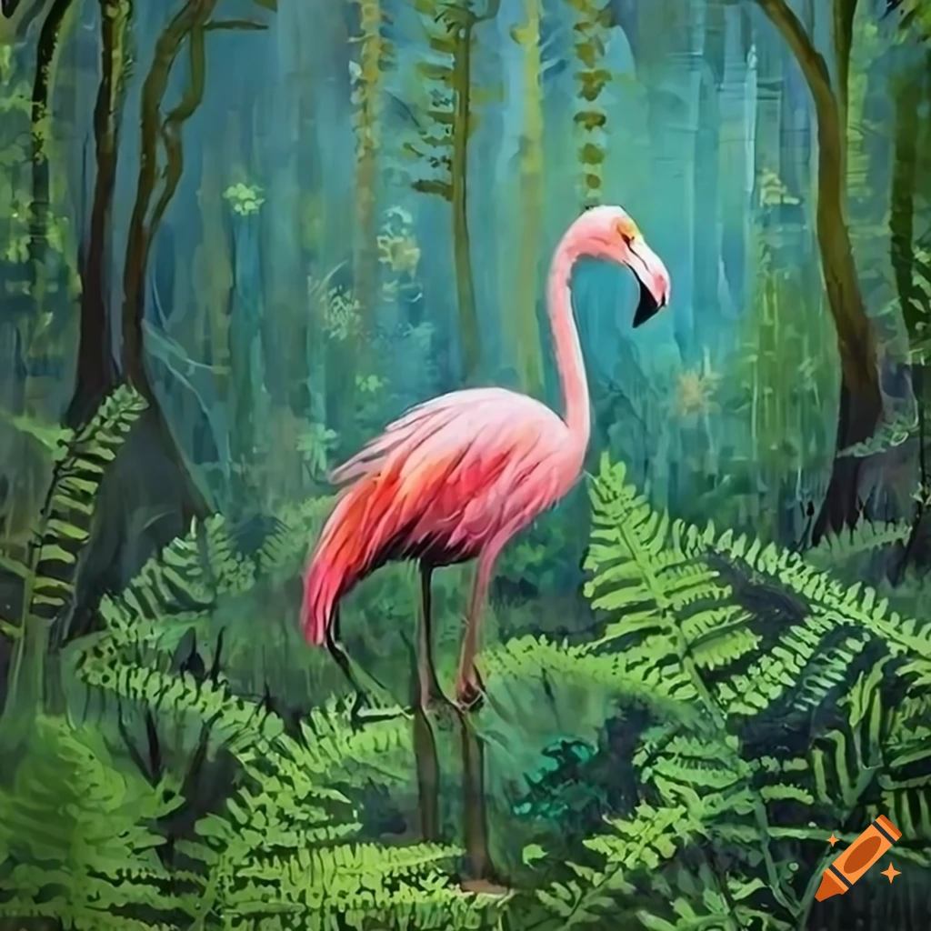 Painting of a flamingo in an enchanted forest on Craiyon