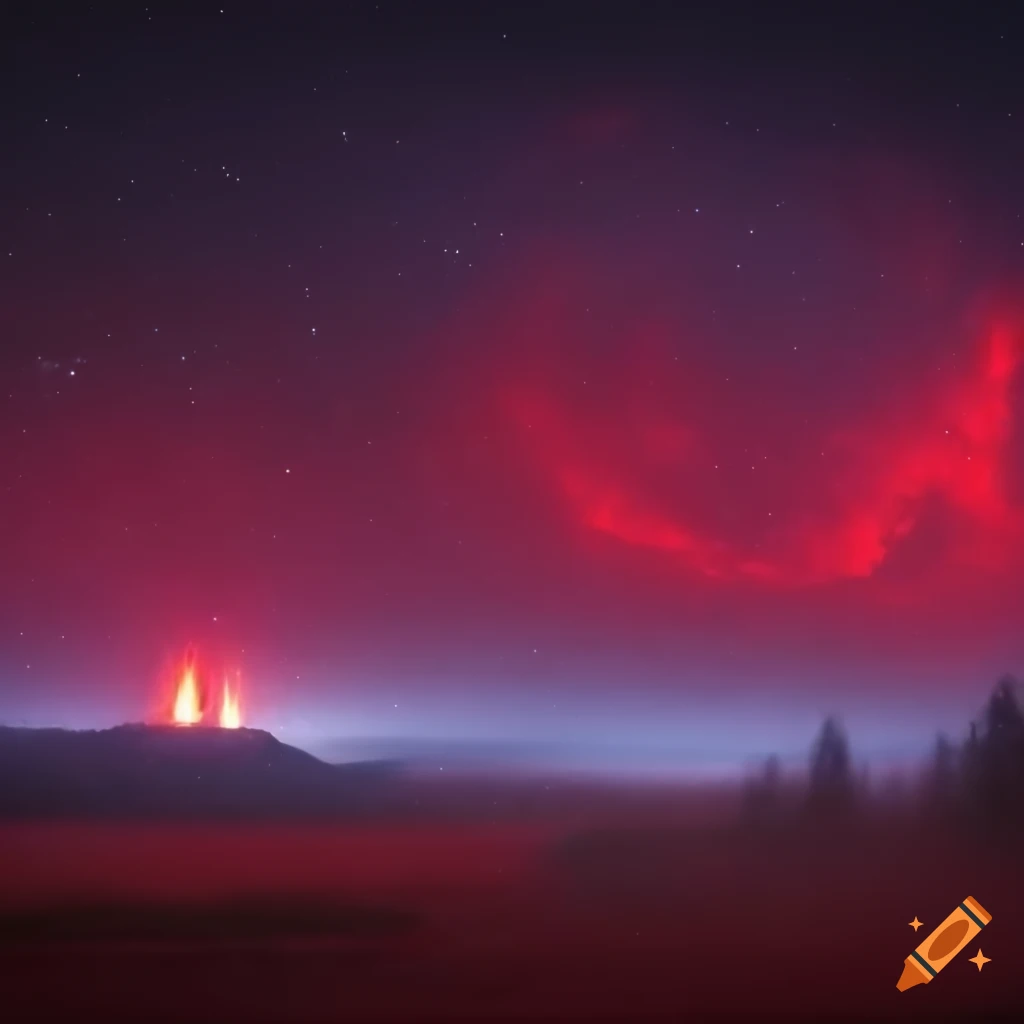 Night landscape with a red explosion