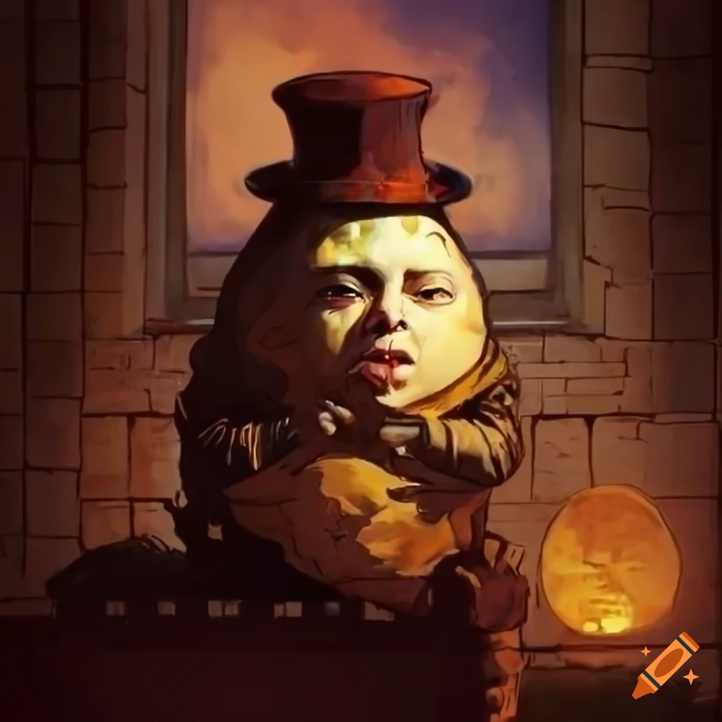 Illustration of Humpty Dumpty on a brick wall on Craiyon