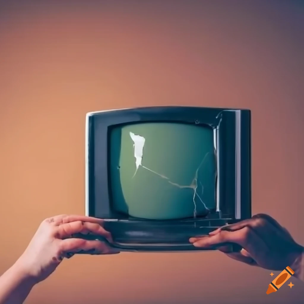 Close up of hands holding broken old television on Craiyon