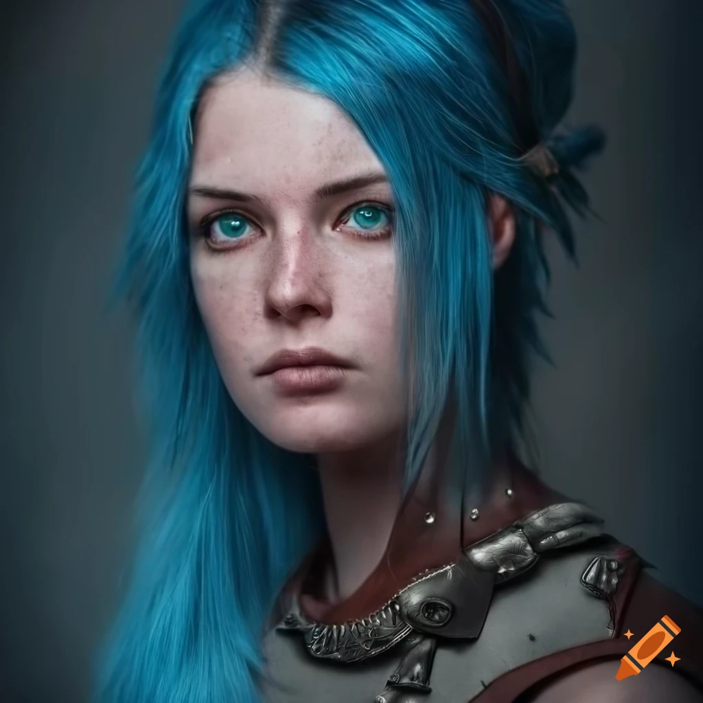 Portrait of a stunning female warrior with blue hair on Craiyon