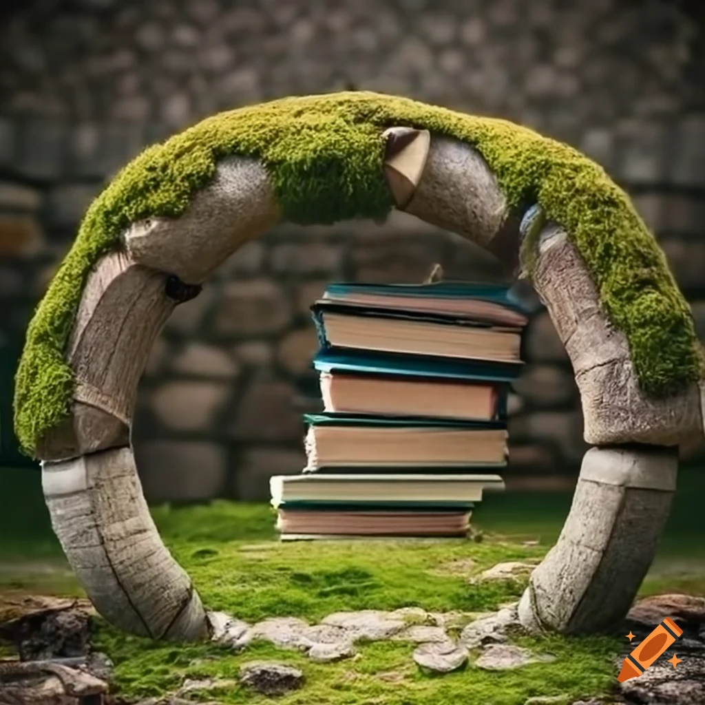 Books stacked in a moss-covered stone cellar on Craiyon