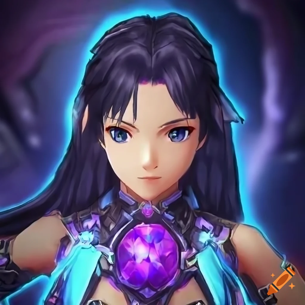 Character design of a black-haired girl with a purple crystal