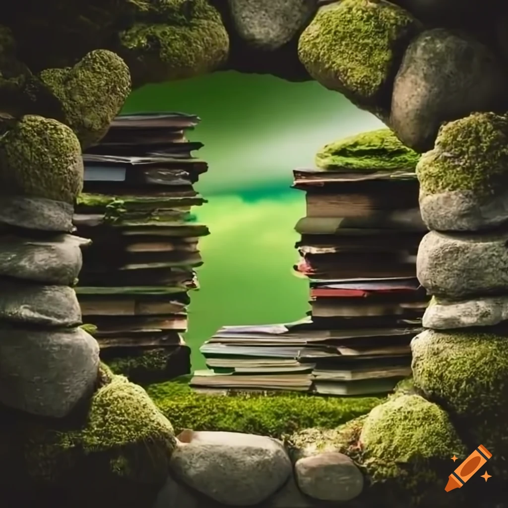 Books stacked in a moss-covered stone cellar on Craiyon