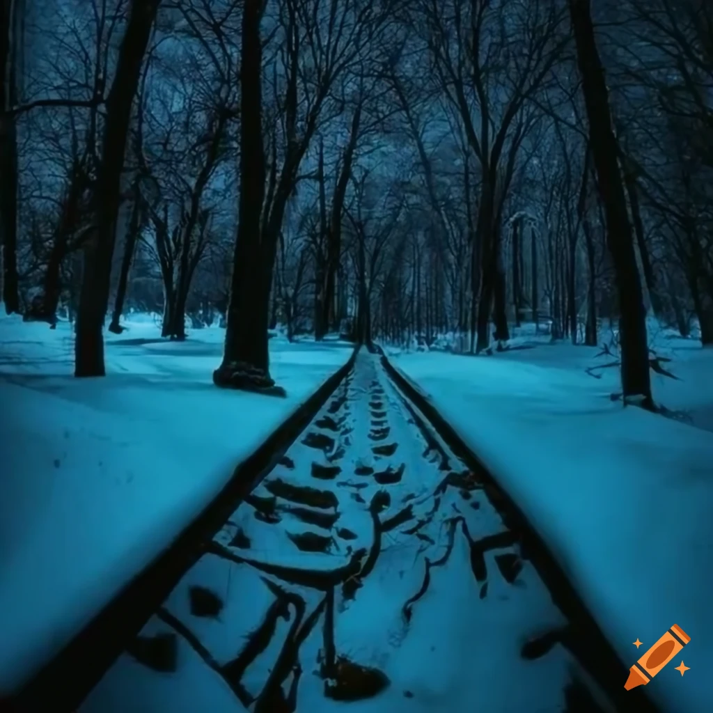 Fisheye view of a winter path with railway and dark sky on Craiyon