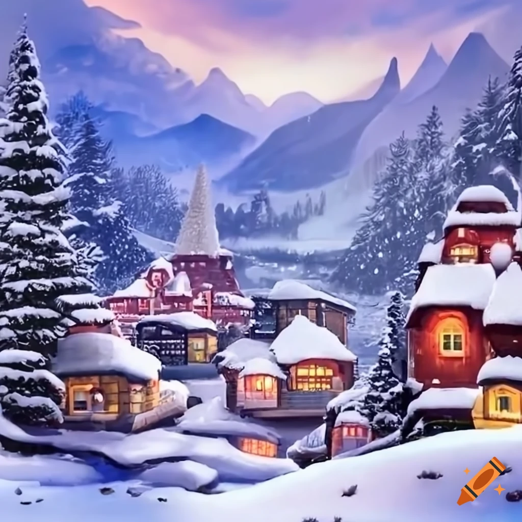 Snowy village landscape on Craiyon