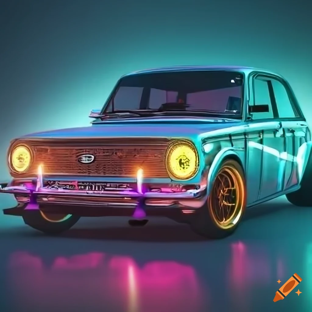 Render of a vintage retro car with neon lights on Craiyon