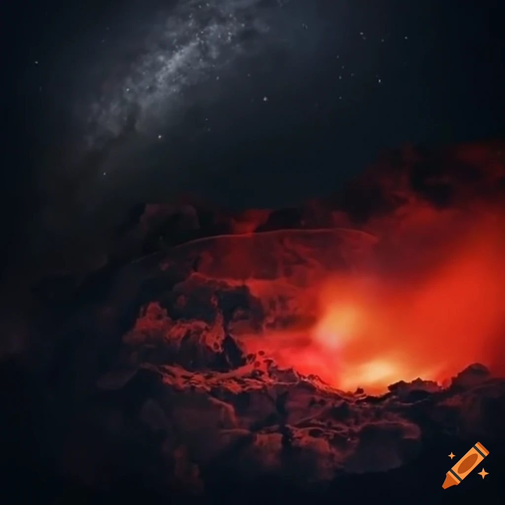 Artwork of a fiery red explosion in a nighttime landscape