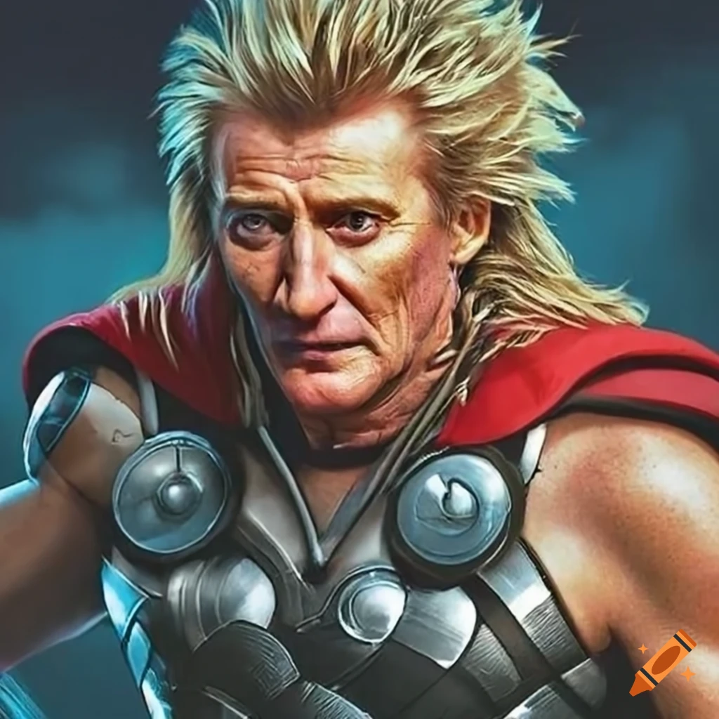 Artistic portrayal of rod stewart as thor