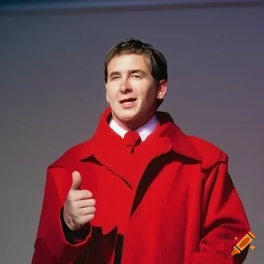 Confident man giving a speech in a red coat on Craiyon