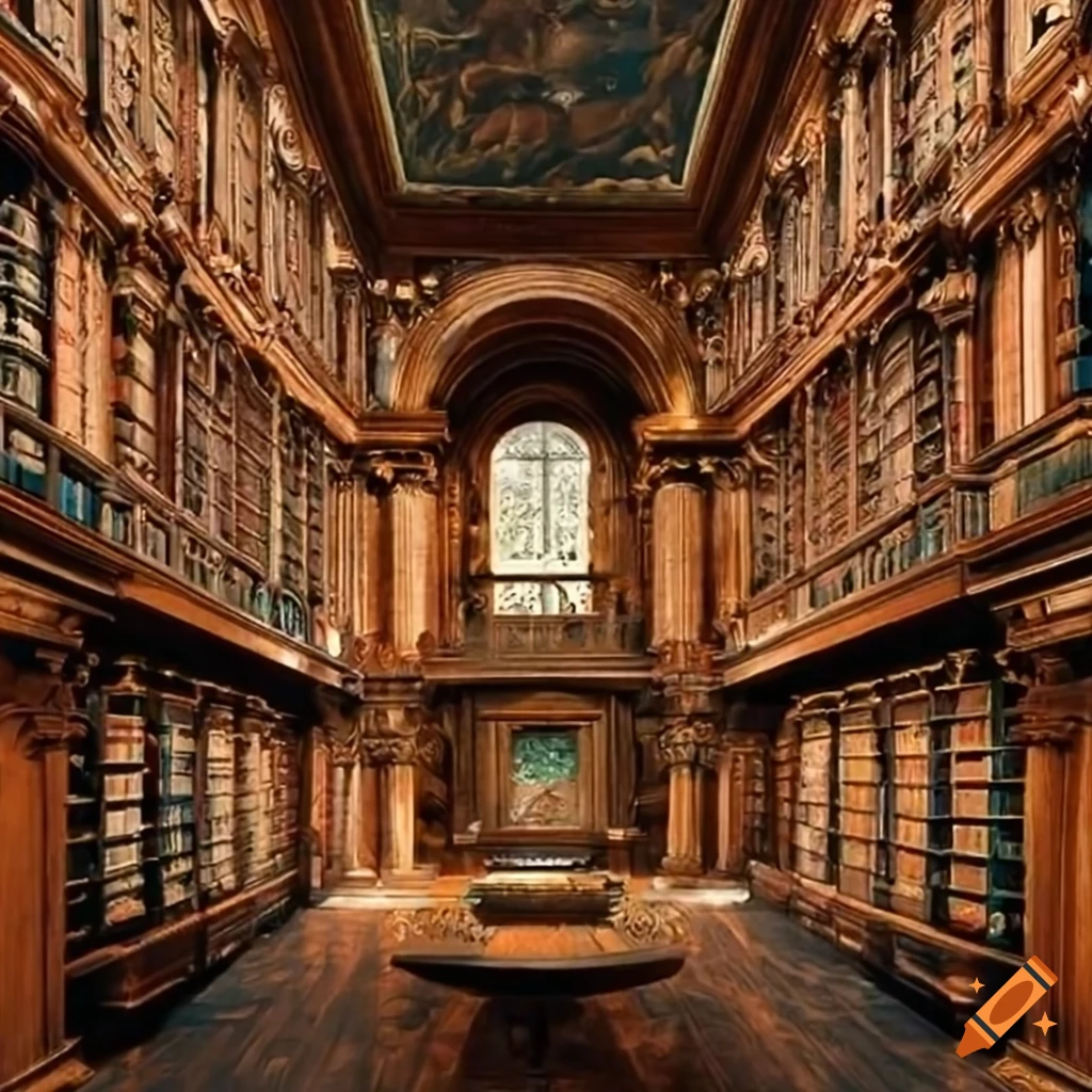 Renaissance library with antique books and oak bookshelves on Craiyon