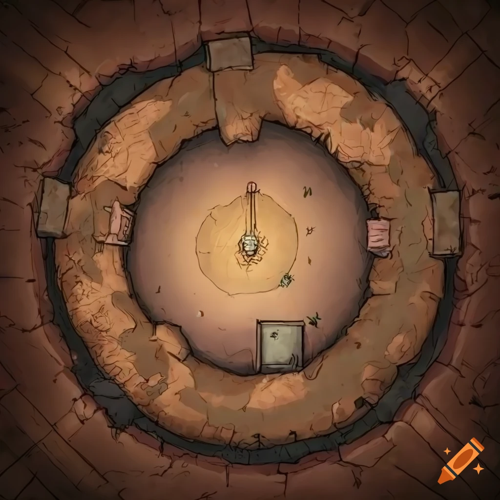 Overhead battle map of a circular basement cavern