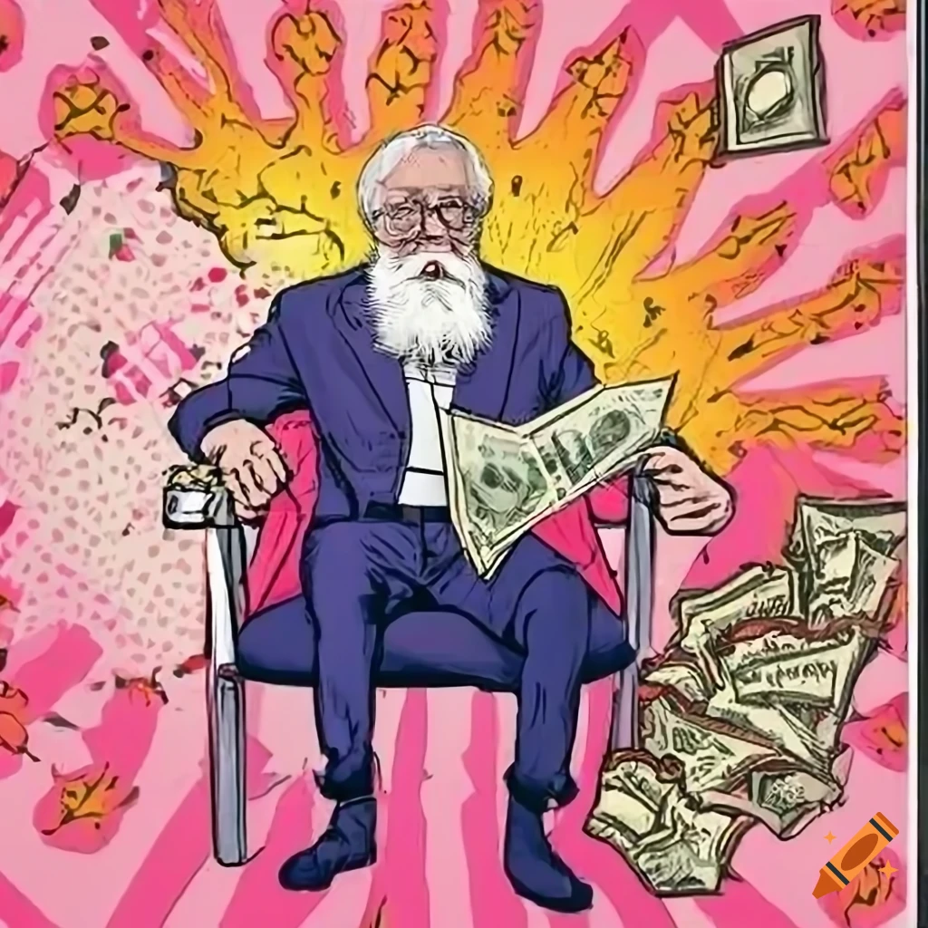 Vintage style comic photo of a rich grandfather with two girls on Craiyon