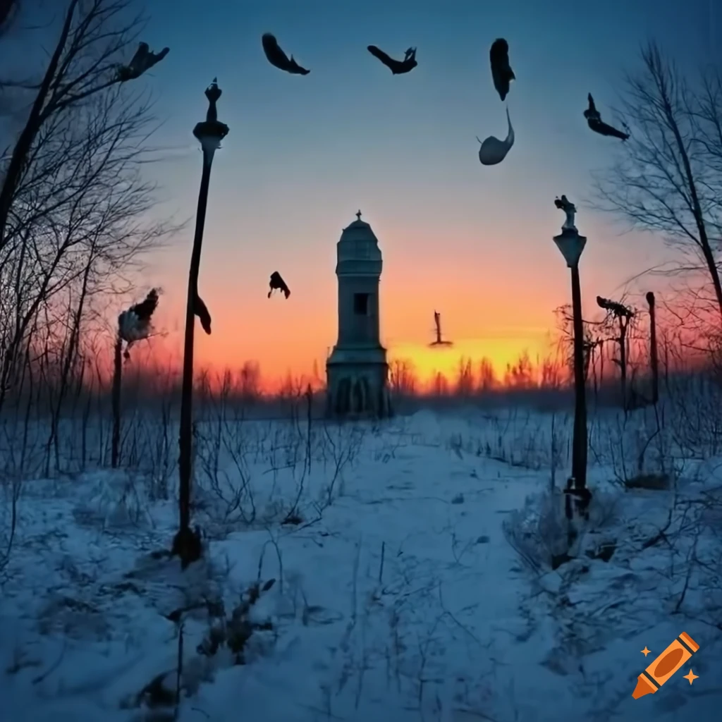 Sunset at a snowy cemetery with birds in the air on Craiyon