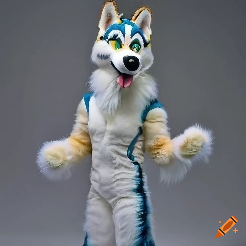 Yellow husky fursuit with fluffy white fur and light-up eyes on Craiyon