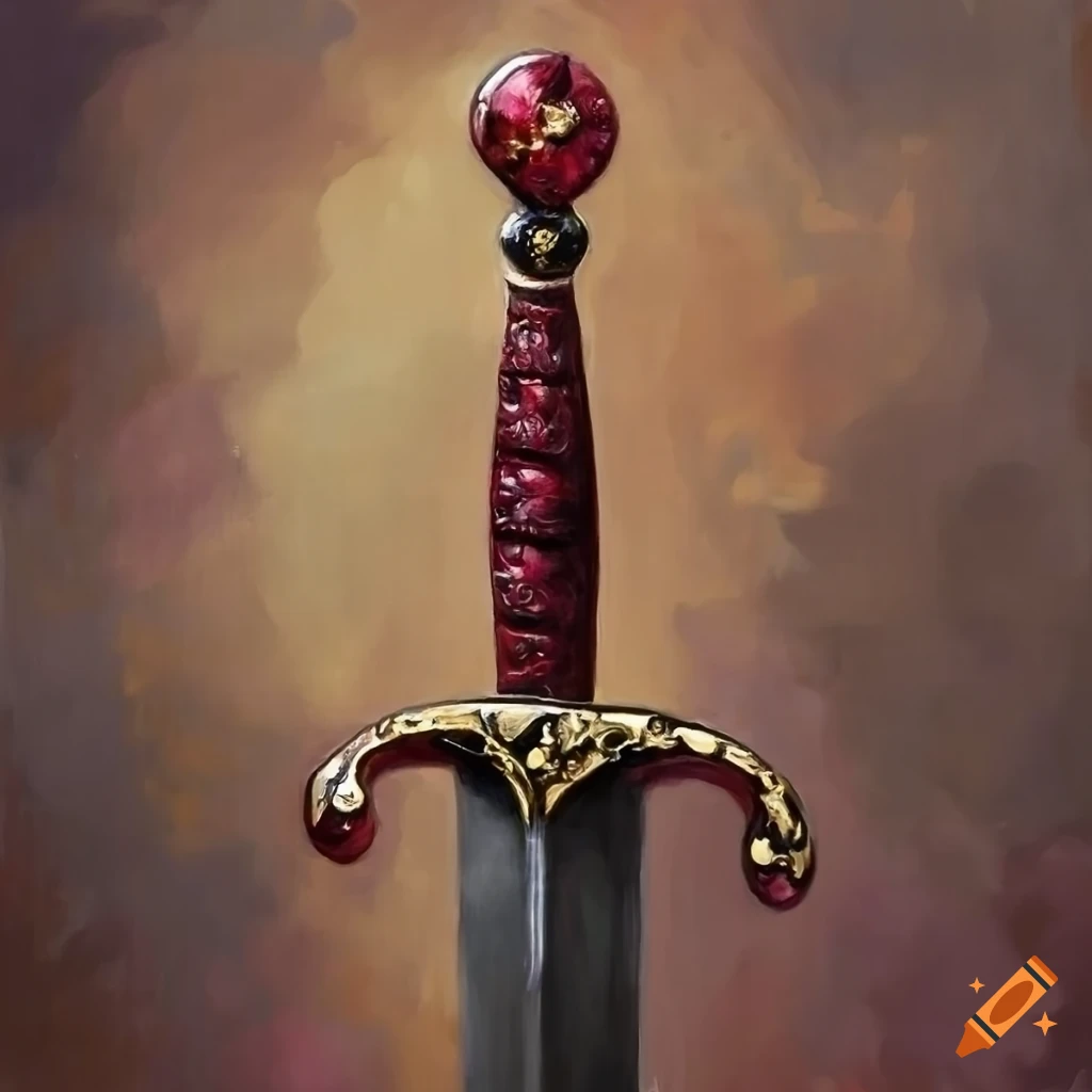 Oil painting of a beautiful sword with gold and ruby inlays on Craiyon