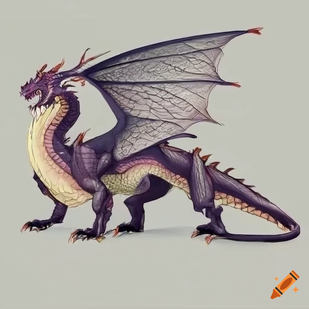 Full body dragon concept designs, side view with mild colouring on Craiyon